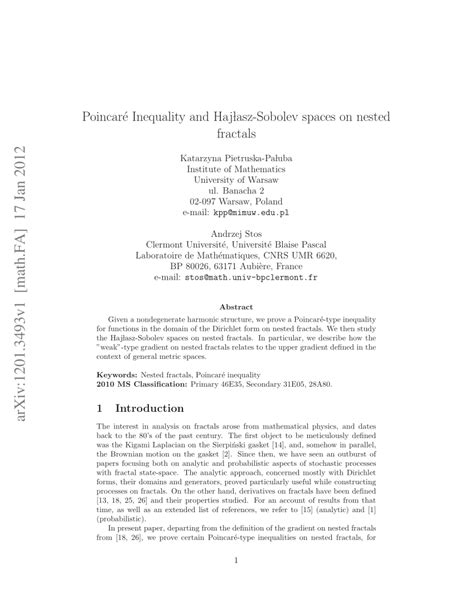 Pdf Poincar E Inequality And Hajlasz Sobolev Spaces On Nested Fractals
