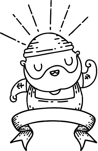 검은 선 작업 문신 스타일 수염 남자 팔뚝을 구부리는 스크롤 배너 검은색에 대한 스톡 벡터 아트 및 기타 이미지 검은색 남자 남자 어부 Istock