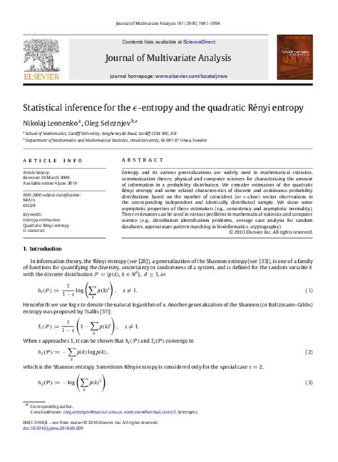Pdf Statistical Inference For The ∈ Entropy And The Quadratic Rényi Entropy