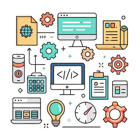web development and design concept with coding browser gear database smartphone and light bulb