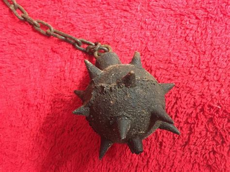 Antique Cast Iron And Wood Mace Weapon Spiked Iron Ball On Chain Medieval