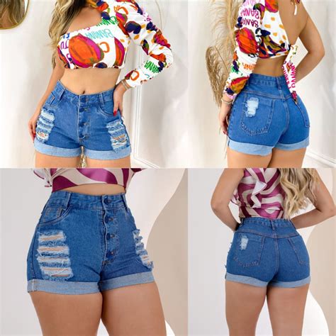 Short Jeans Bermuda Feminino Curto Luxo Cintura Alta Modela Bumbum