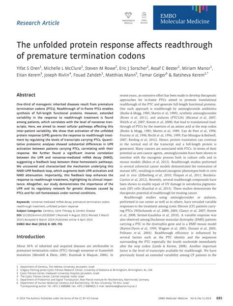 Pdf The Unfolded Protein Response Affects Readthrough Of Premature Termination Codons