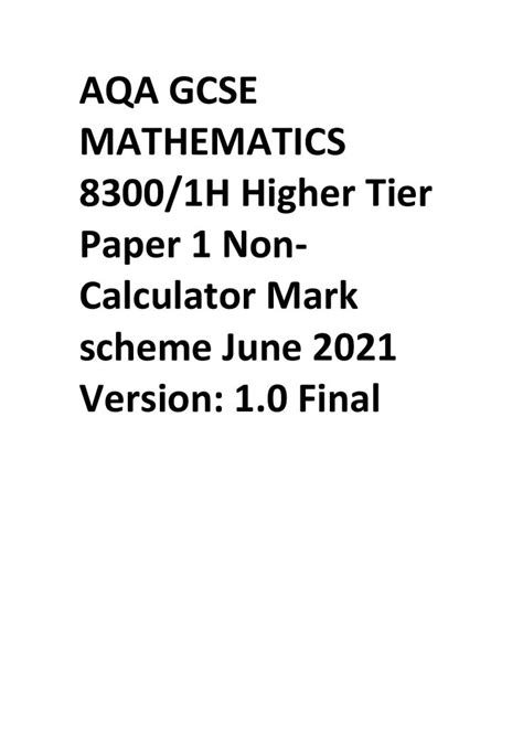 Aqa Gcse Mathematics 83001h Higher Tier Paper 1 Non Calculator Mark Scheme June 2021 Version 1 0