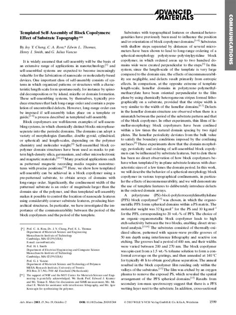 Pdf Templated Self Assembly Of Block Copolymers Effect Of Substrate Topography