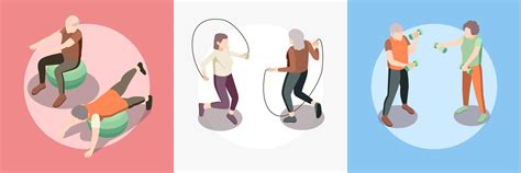 건강 및 에너지 기호 아이소 메트릭 격리 된 벡터 일러스트와 함께 노인 피트니스 광장 세트 무료 벡터