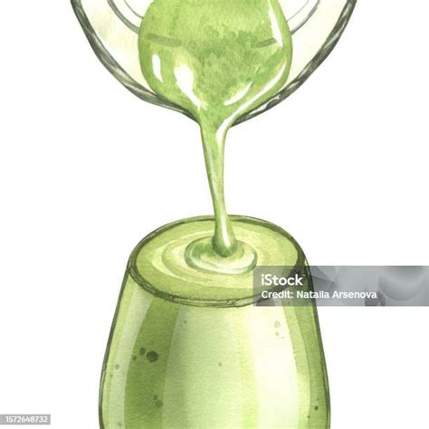 항아리에 담긴 수채화 건강한 그린 스무디 머그잔 신선한 아보카도 손으로 그린 그림은 흰색 배경에 분리되어 있습니다 완벽한 음식 메뉴 음식 그림 디자인 포장 감기와 독감에