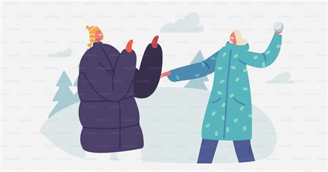 겨울철 야외 활동 행복한 커플이나 친구들이 거리에서 눈덩이를 치고 있는 젊은 여성과 남자 캐릭터들 사람들은 크리스마스와 새해 연휴를 즐긴다 만화 벡터 일러스트레이션