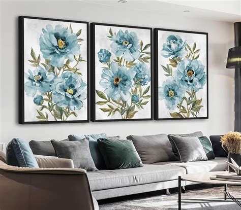 Large Framed Canvas Wall Art Teal Flowers Wall Decor