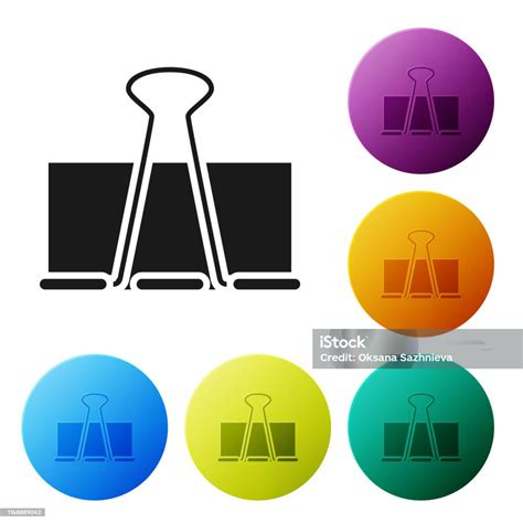 흰색 배경에 격리된 검정 바인더 클립 아이콘입니다 종이 클립 아이콘 다채로운 원 버튼을 설정합니다 벡터 일러스트레이션 강철에 대한 스톡 벡터 아트 및 기타 이미지 Istock