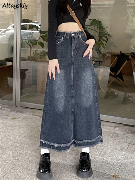여성용 데님 스커트 빈티지 스트리트웨어 디자인 올 매치 태슬 데일리 엠파이어 한국 스타일 개성 있는 미디 팔다 가을 Aliexpress