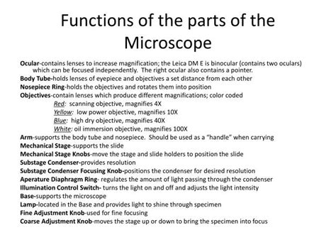 Ppt Functions Of The Parts Of The Microscope Powerpoint Presentation