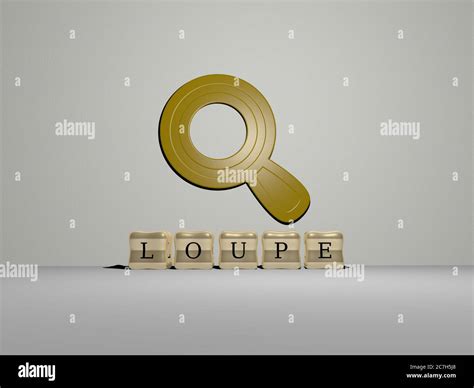 3d Representation Of Loupe With Icon On The Wall And Text Arranged By Metallic Cubic Letters On