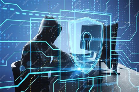 Premium Photo Side View Of Hacker Using Computers At Desktop With Glowing Safety And Security