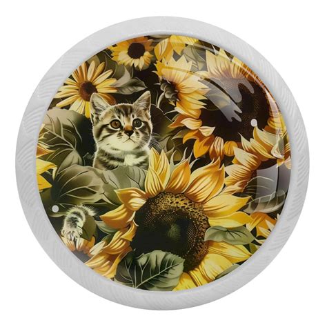 Phooarto Kitten And Sunflowers Pattern 4 Pcs Crystal Glass Cabinet Knobs Drawer Kitchen