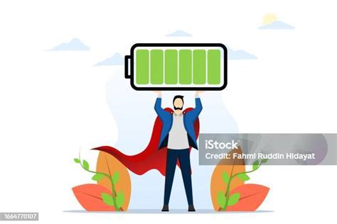 완전 배터리 충전 개념 피로 피로 회복 생산적이고 효율적이며 활기찬 사업가 슈퍼 히어로가 완전 충전식 배터리를 들고 일하거나 재충전 할 수있는 완전한 에너지 사무실에 대한