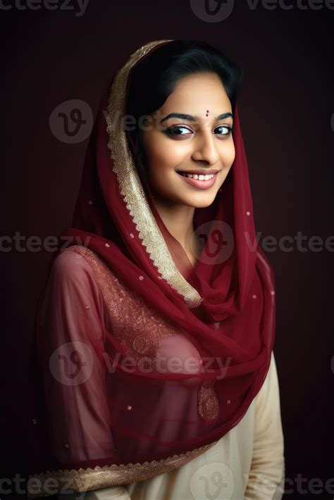 Beautiful Indian Muslim Young Girl Wearing Headscarves On Dark
