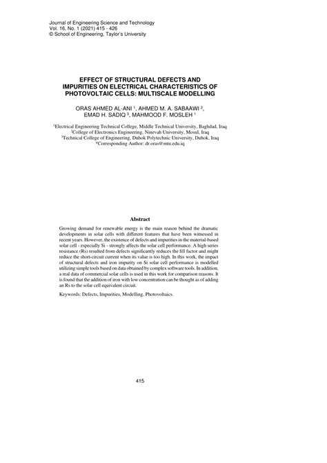 Pdf Effect Of Structural Defects And Impurities On Electrical Characteristics Of Photovoltaic