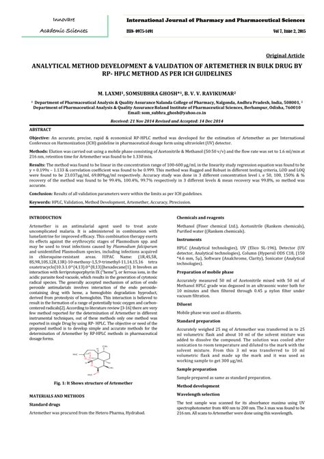 Pdf Analytical Method Development And Validation Of Artemether In Bulk Drug By Rp Hplc Method