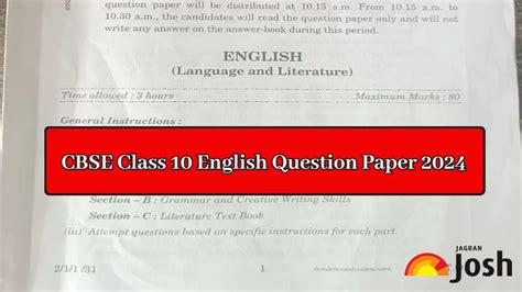 Cbse Class 10 English Question Paper 2024 Pdf With Answer Key