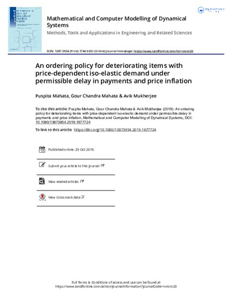 Pdf An Ordering Policy For Deteriorating Items With Price Dependent Iso Elastic Demand Under