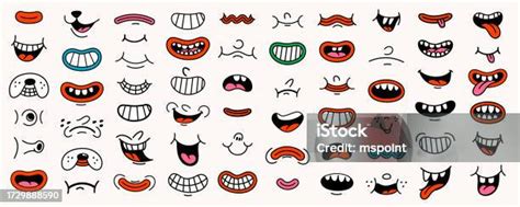 복고풍 만화 재미있는 입 그루비 빈티지 30 대 60 대 70 년대 다양한 감정의 웃는 입 0명에 대한 스톡 벡터 아트 및 기타 이미지 Istock