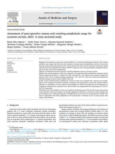 Pdf Assessment Of Post Operative Nausea And Vomiting Prophylaxis Usage For Cesarean Section