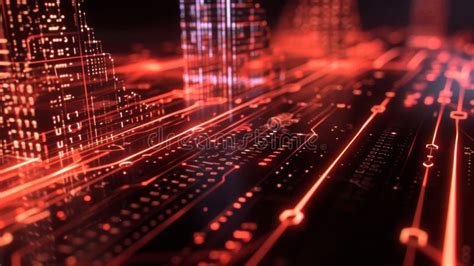 High Tech Digital Circuitry With Glowing Red Lines And Data Flow Stock