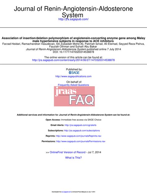 Pdf Association Of Insertiondeletion Polymorphism Of Angiotensin Converting Enzyme Gene Among