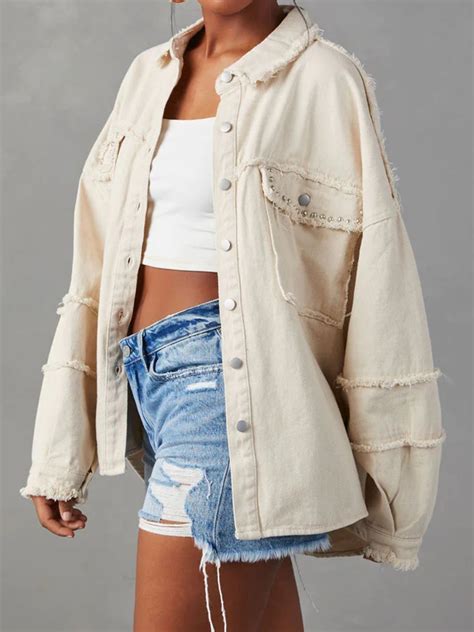 Button Down Raw Hem Denim Jacket Ivory S Relaxed Fit Outerwear