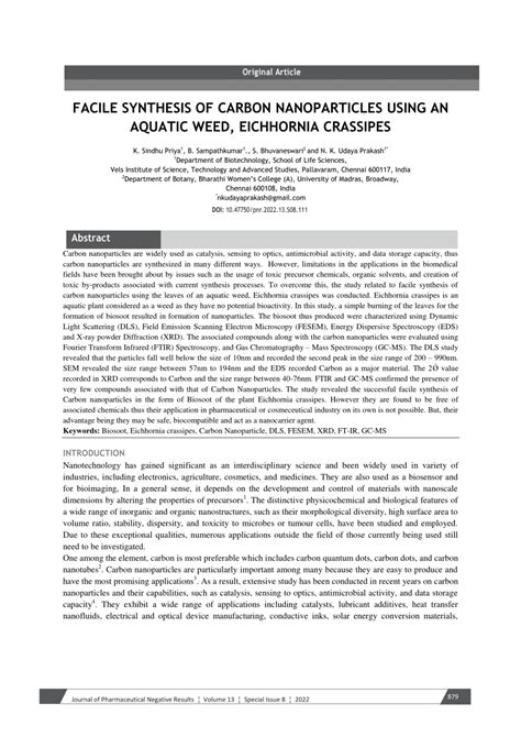 Pdf Facile Synthesis Of Carbon Nanoparticles Using An Aquatic Weed Eichhornia Crassipes