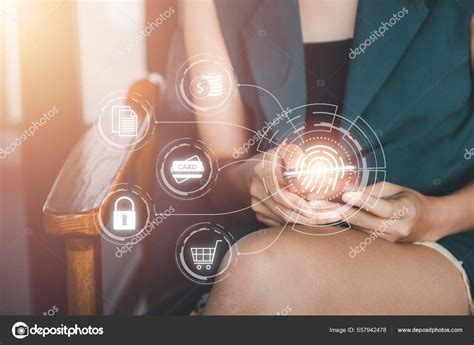 Woman Hand Using Fingerprint Indentification Access Personal Financial Data Fingerprint — Stock