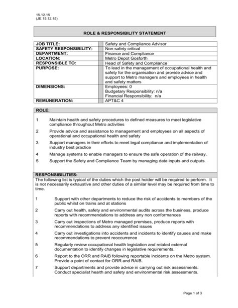 Safety And Compliance Advisor Role And Responsibility Statement