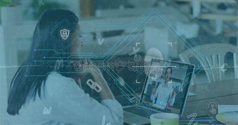 Image Of Data Processing And Security Padlock Over Woman Using Laptop