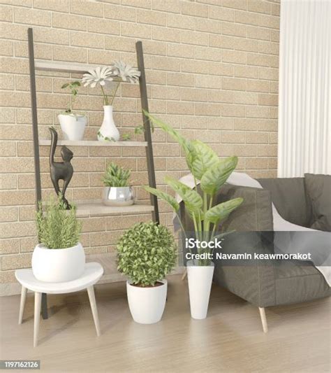 나무 바닥과 흰색 벽돌 벽 배경에 회색 소파와 식물로 된 로프트 룸 인테리어3d 렌더링 0명에 대한 스톡 사진 및 기타 이미지 0명 2020년 3차원 형태 Istock