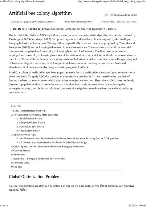 Pdf Artificial Bee Colony Algorithm Scholarpedia Dokumentips