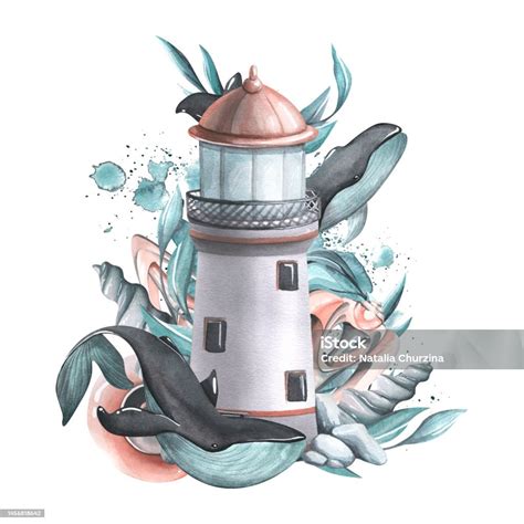 고래 조류 및 조개가있는 해양 등대 수채화 그림입니다 고래 컬렉션의 구성 포스터 스티커 해변 및 여름 인쇄물의 디자인 및 장식