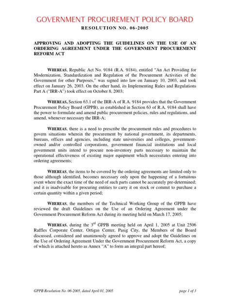 Gppb 2005 Resolution No 06 2005 Apr 2005 Ordering Agreement Pdf Procurement Business