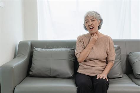 Hand Touching Throat Old Man Sore Throat Coughing Hoarse Voice Swelling Stock Image Image