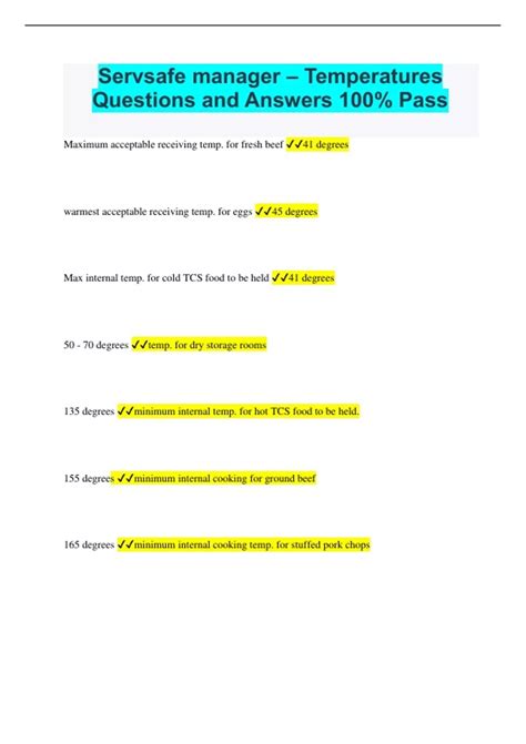 Servsafe Manager Temperatures Questions And Answers Pass Servsafe Stuvia US