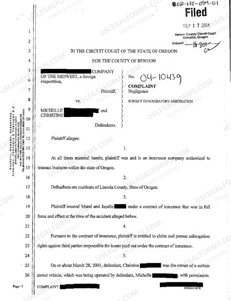 Oregon Complaint For Insurance Subrogation When Defendants Wrecked Motor Vehicle Us Legal Forms