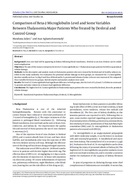 Pdf Comparison Of Beta 2 Microglobulin Level And Some Variables Between Thalassemia Major