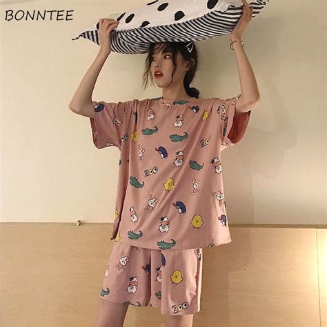여성용 여름 파자마 세트 트렌디하고 심플한 한국 스위트 프린트 루즈한 여학생 홈웨어 카와이 레저 소프트 여성 잠옷파자마
