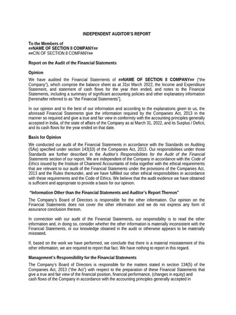 Section 8 Company Financial Audit Report Pdf Audit Going Concern