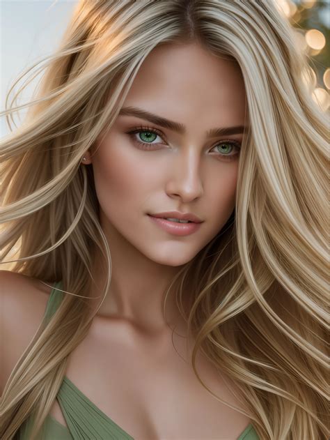 A Close Up Of A Woman With Long Blonde Hair And Green Eyes Seaart Ai