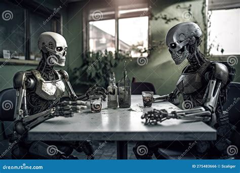 Two Robots Talks Sitting At Table Humanoid Ai Androids In Cafe