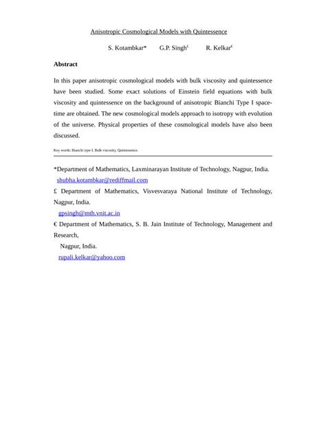 Pdf Anisotropic Cosmological Models With Quintessence