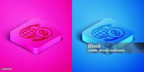 분홍색과 파란색 배경에 격리 된 등색 라인 환전 아이콘 유로 및 달러 현금 전송 기호 은행 통화 기호 정사각형 버튼입니다 벡터