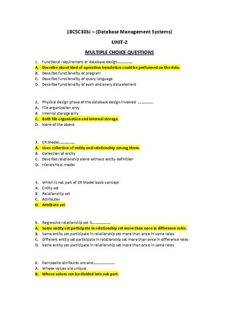 Unit 2 Dbms Mcq 18csc303j Database Management Systems Unit 2 Multiple Choice Questions