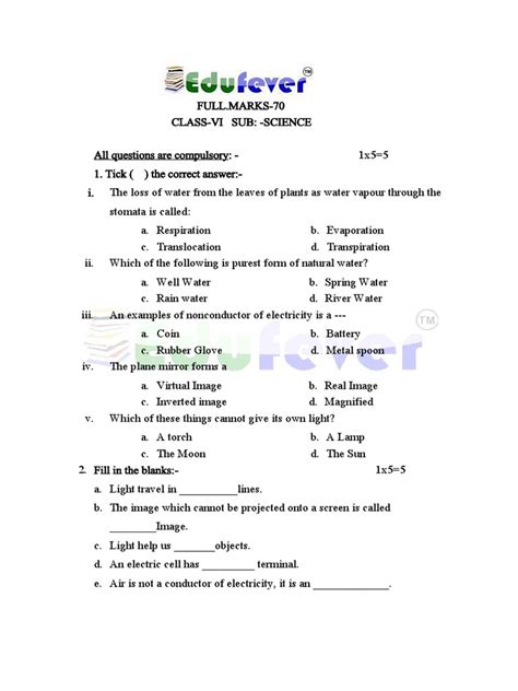 Cbse Class 6 Science Sample Paper 50 Pdf Nature